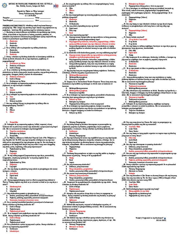 Pagsulat Sa Filipino Sa Piling Larangan 1st Prelim Exam 2019-2020 | PDF