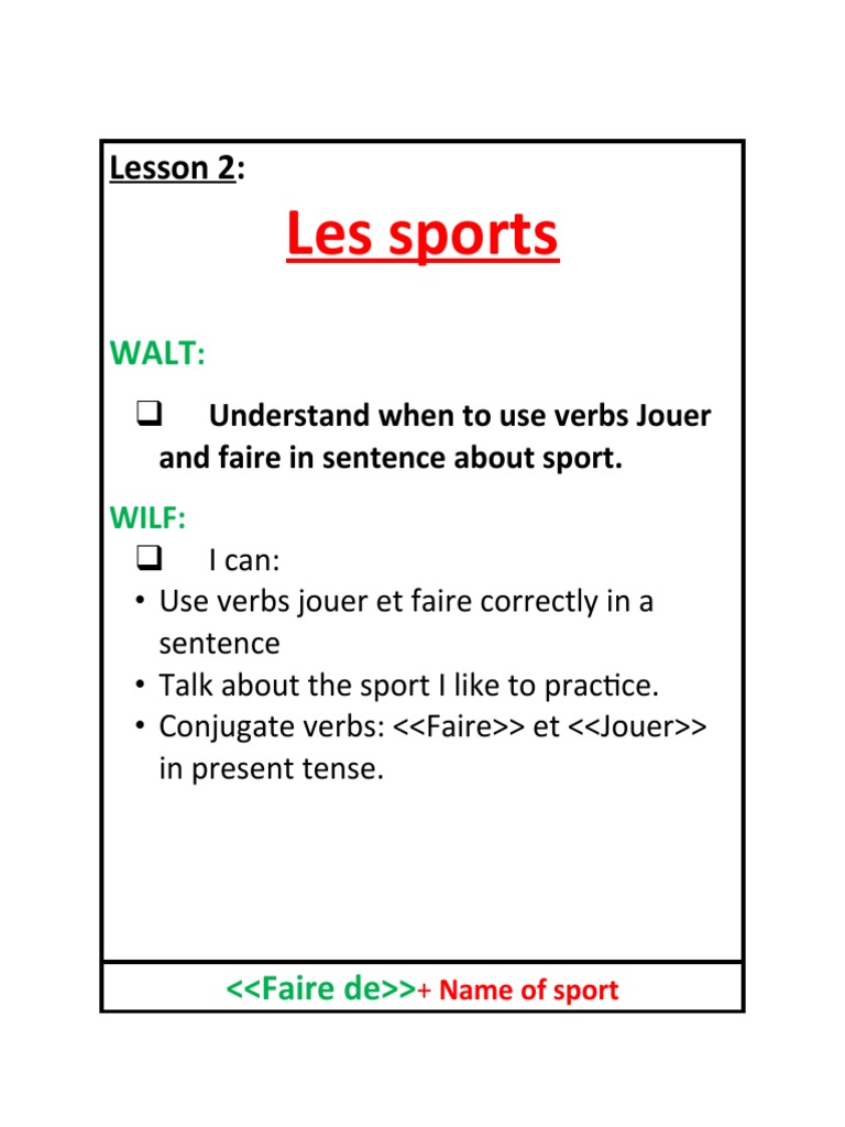 Verbes Jouer et Faire en Sport | PDF | Des sports | Divertissement