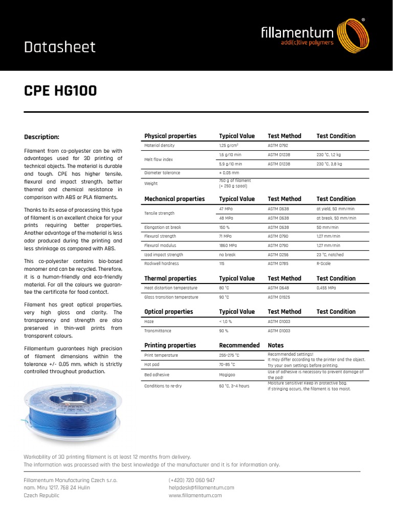 CPE HG100 Filament Properties Overview | PDF | Strength Of Materials ...