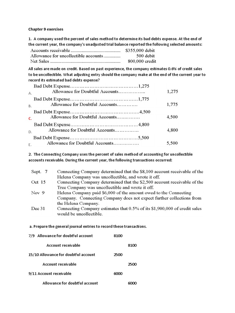 Chapter 9 Exercises Acc101 | Download Free PDF | Bad Debt | Accounting