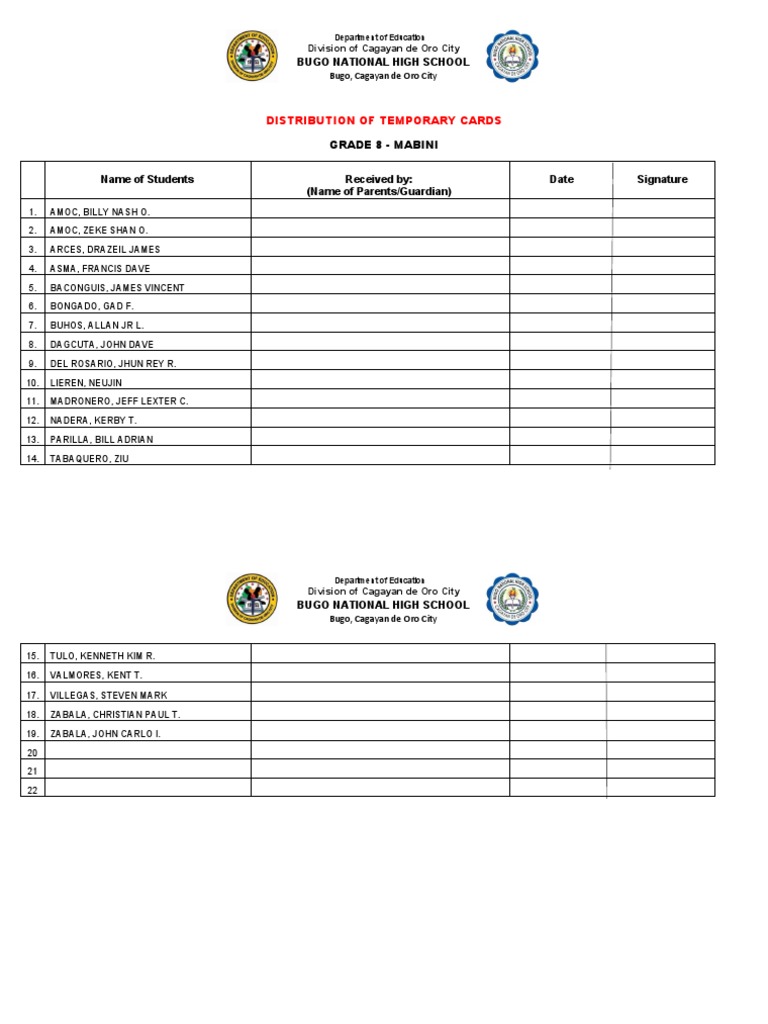 Distribution of Cards Monitoring Sheet | PDF