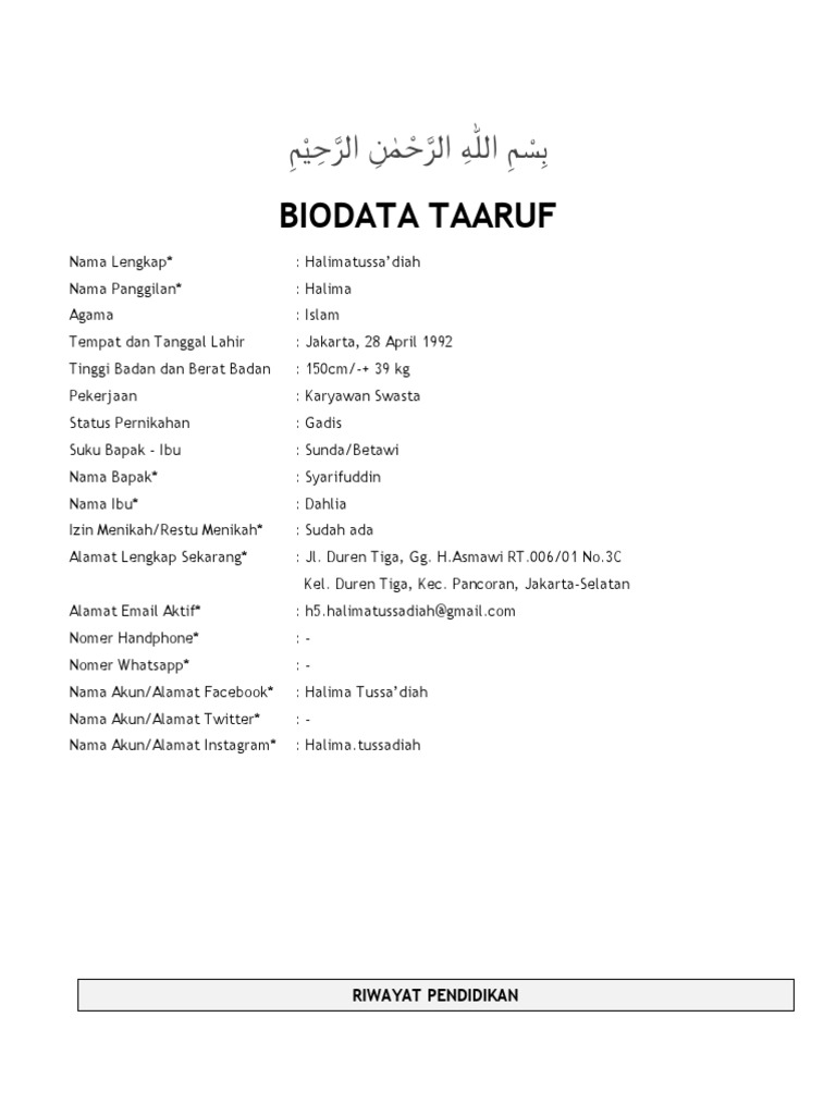 Biodata Taaruf New | PDF | Kesehatan Holistik