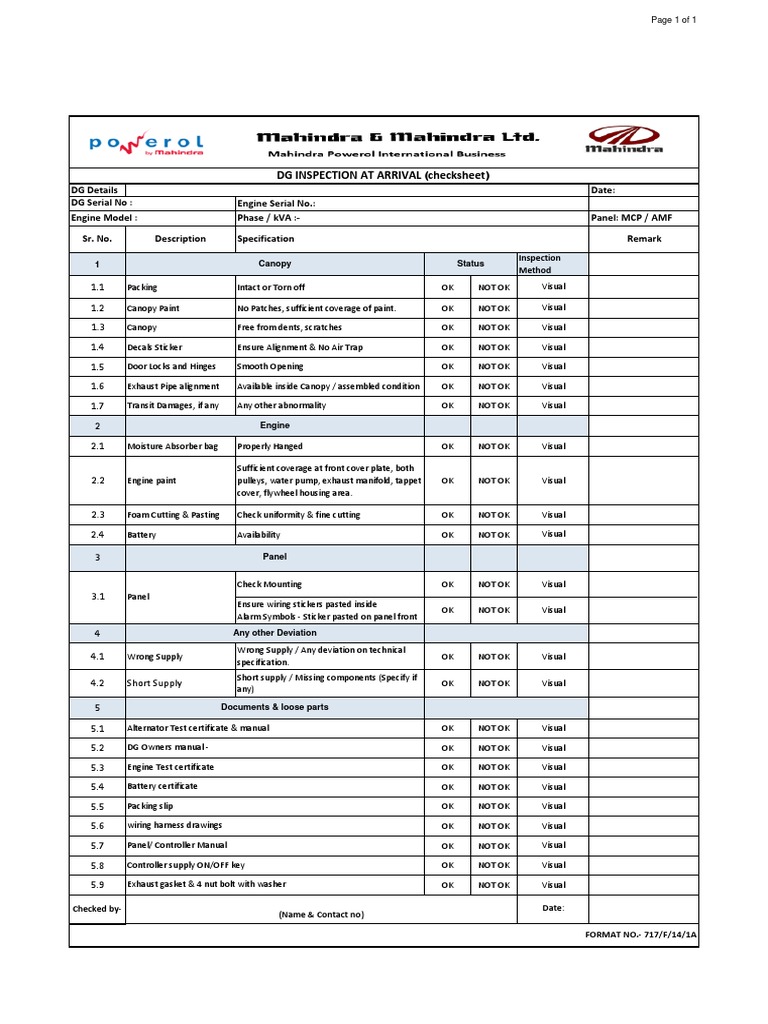 PDI Arrival Check Sheet | PDF | Mechanical Engineering | Manufactured Goods