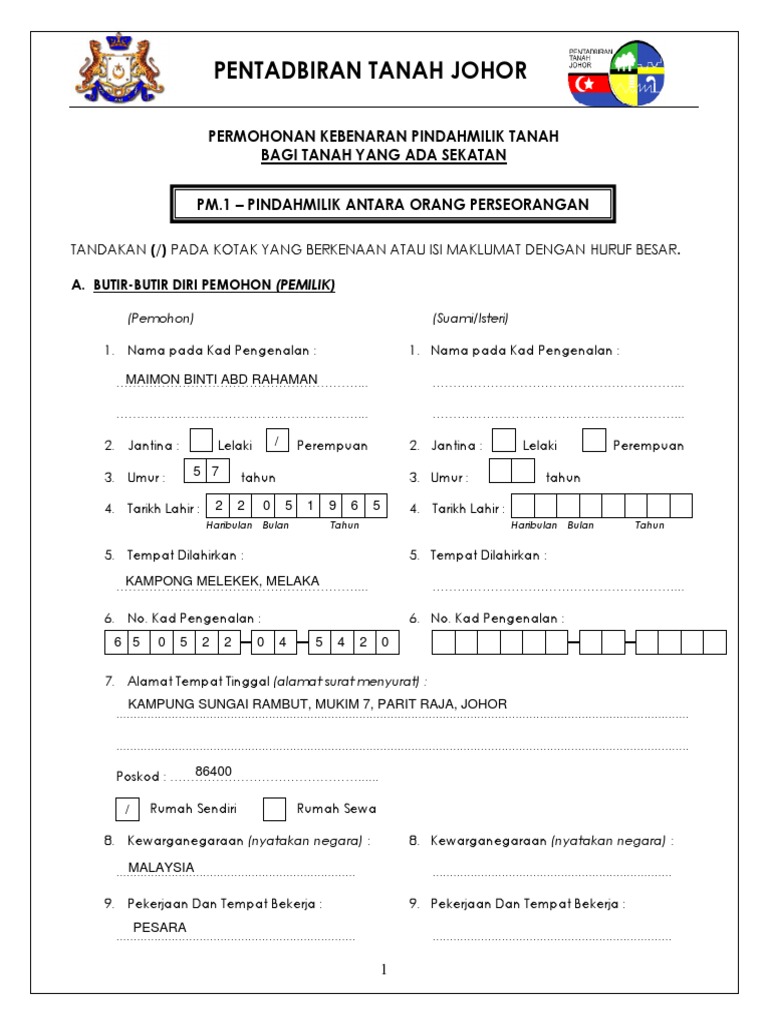 Borang Permohonan Pindahmilik Bagi Tanah Yang Ada Sekatan | PDF