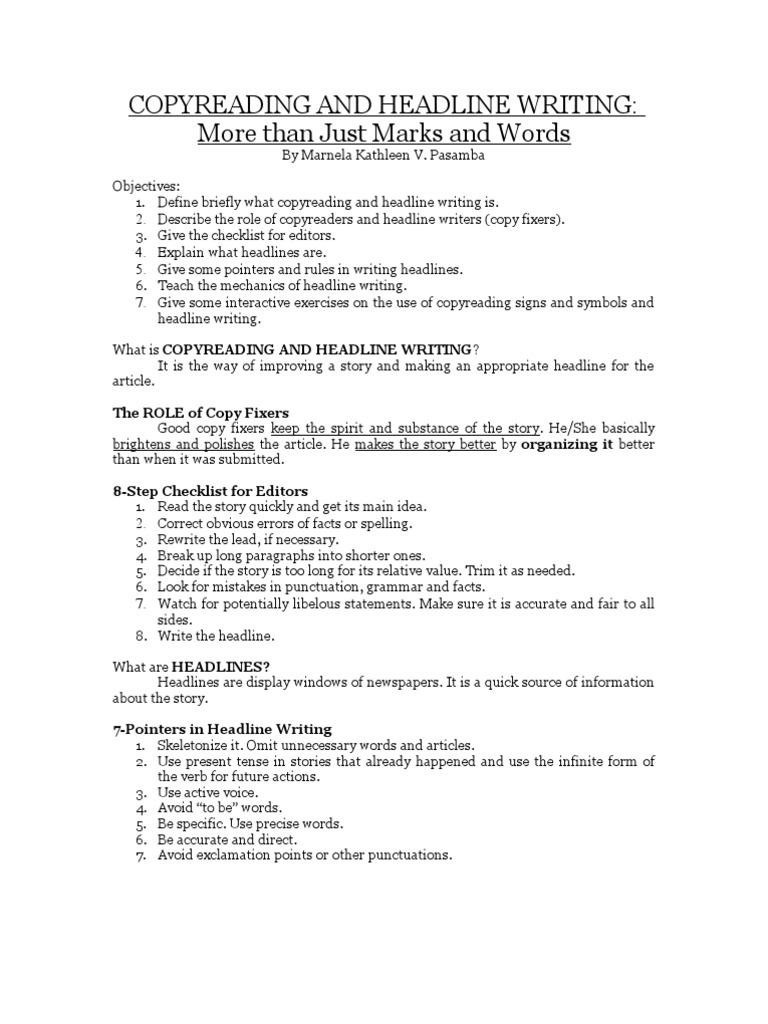 Copy Reading and Headline Writing-More Than Just Marks and Words | PDF ...