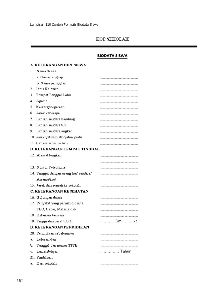 Lampiran 119. Contoh Formulir Biodata Siswa | PDF
