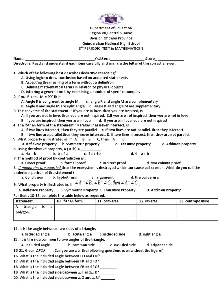 3rd Periodic Test in Math 8 | PDF | Geometry | Mathematics