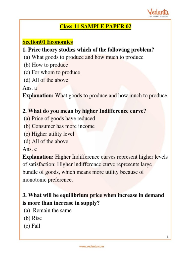 ICO Sample Paper 2 For Class 11 | PDF | Supply And Demand | Supply ...