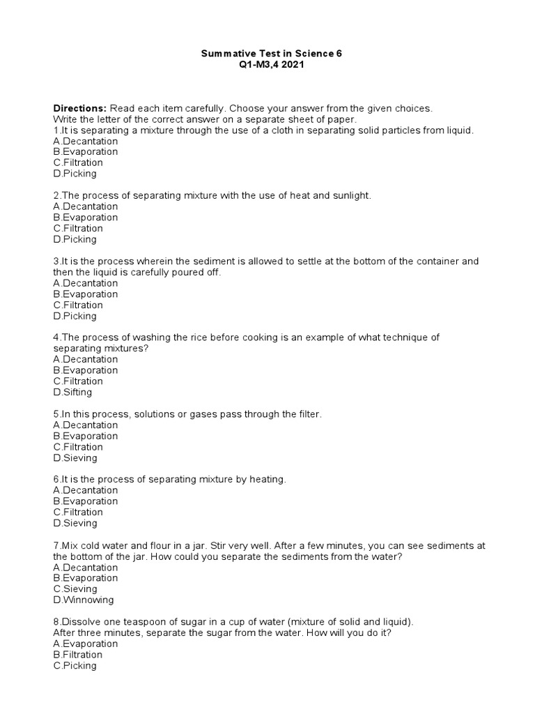 Summative Test in Sci. Q1-M4 | PDF | Filtration | Mixture