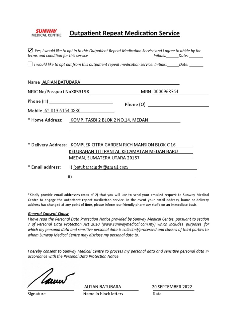 Outpatient Repeat Medication Service (Updated Registration Form 2020) | PDF