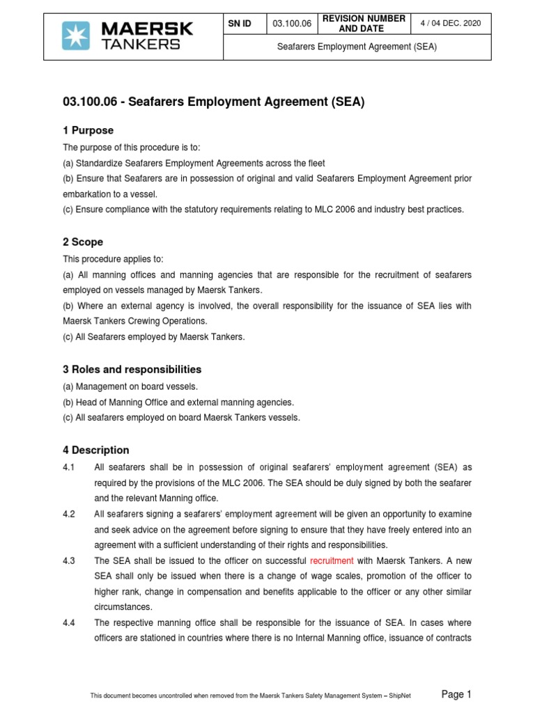 03.100.06 - Seafarers Employment Agreement (SEA) | PDF | Employment ...