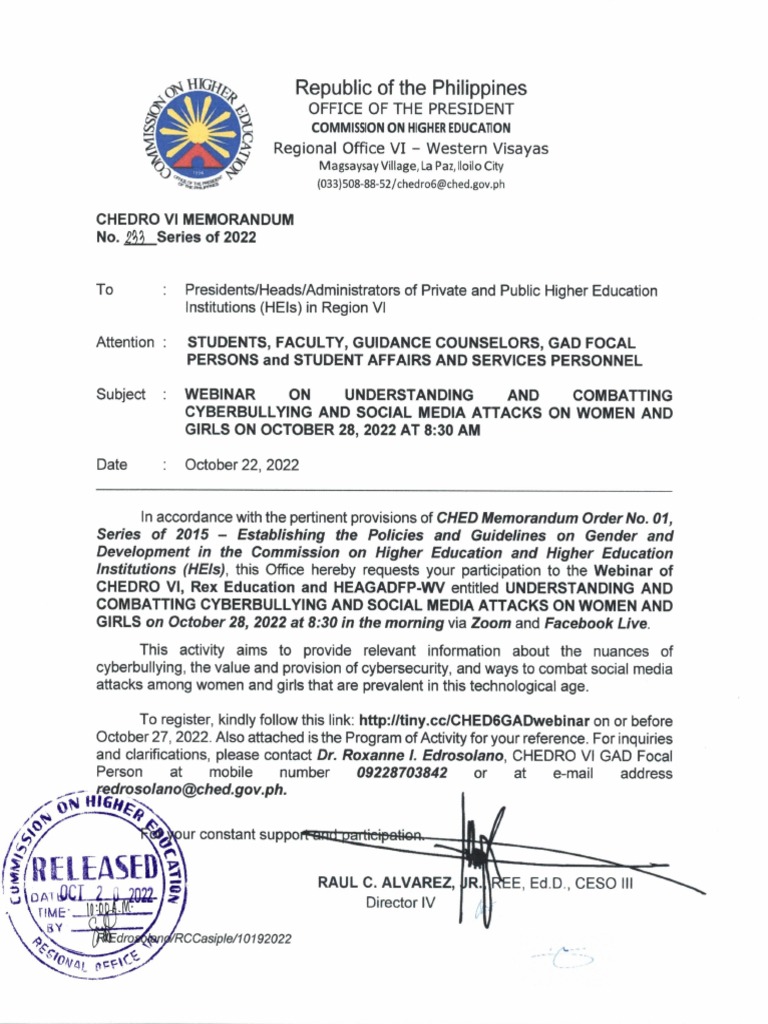 CHEDRO VI Memo No. 233 Series of 2022 Cyberbullying and Social Media ...