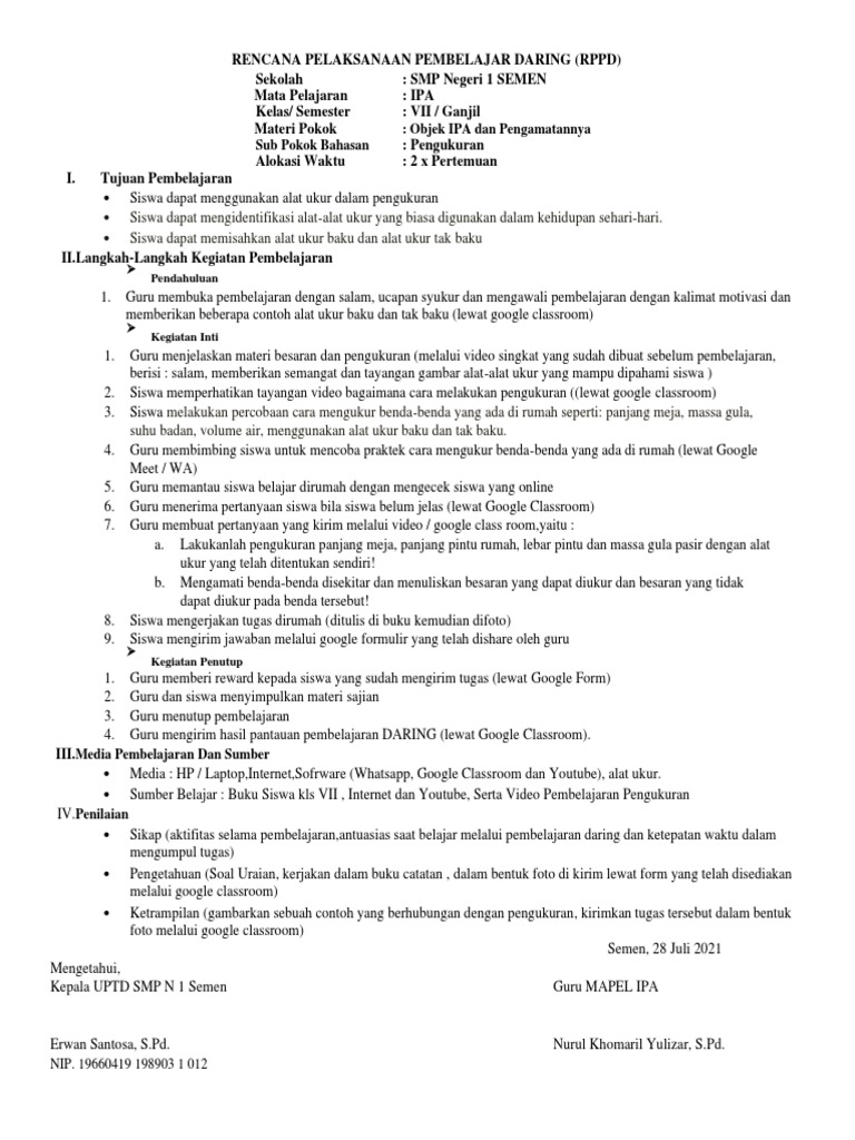 RPP Materi Pengukuran Kelas 7 Ipa | PDF