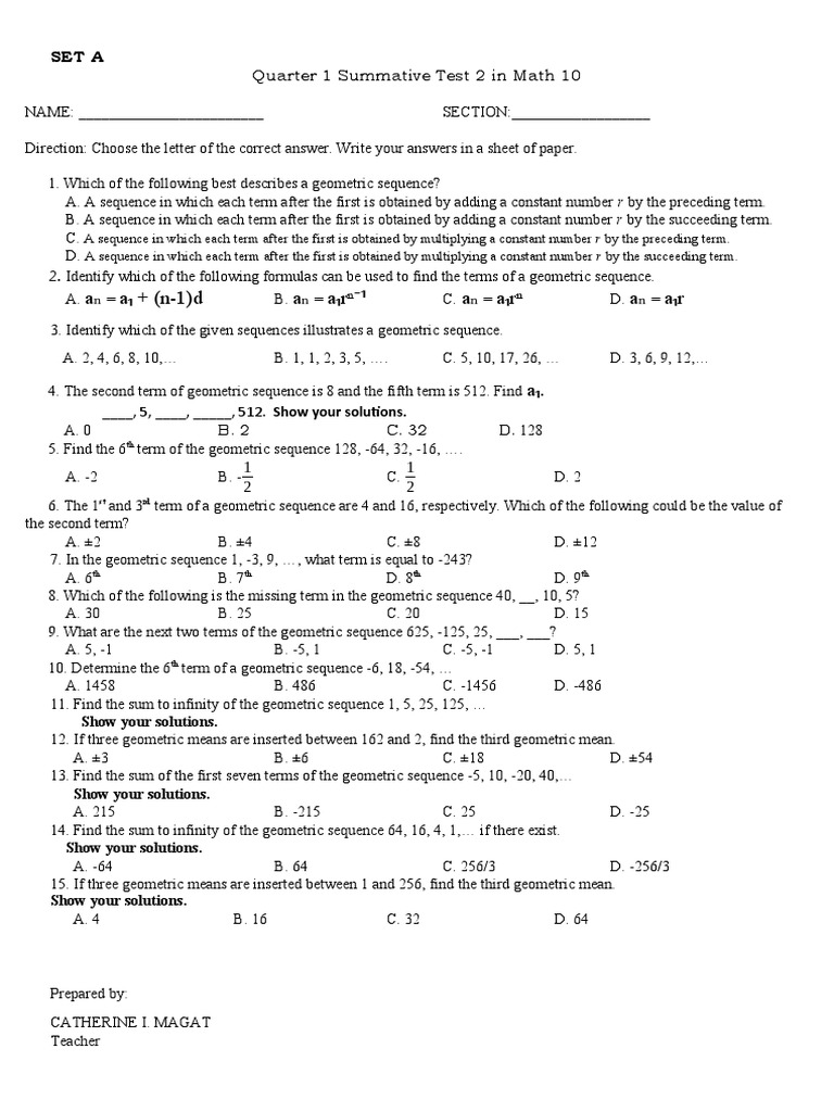 Math 10 Quarter 1 Geometric Sequences Test | PDF | Summation | Analysis