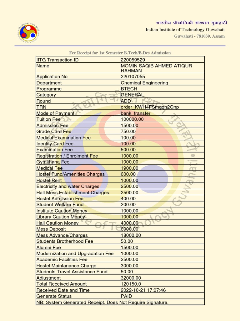 Iit Guwahati Fees Receipt | PDF