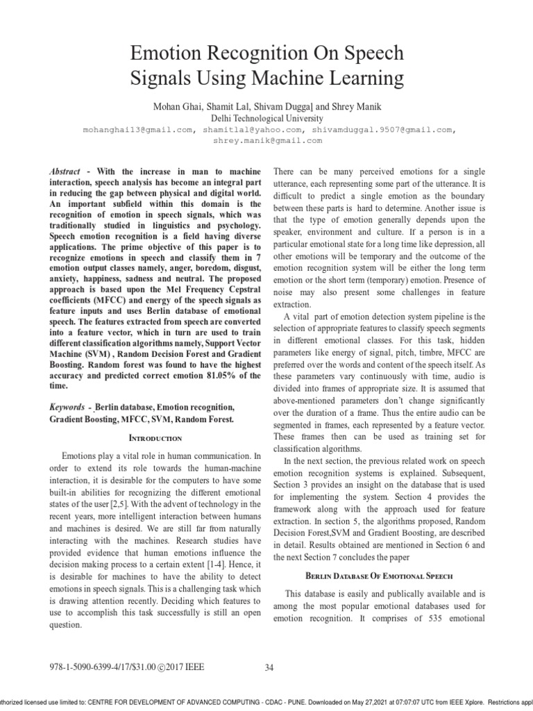 Emotion Recognition On Speech Signals Using Machine Learning | PDF ...
