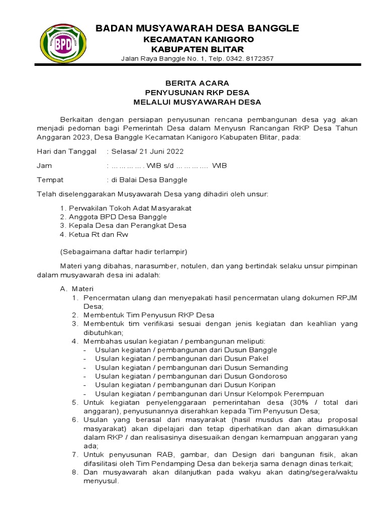 BERITA ACARA PENYUSUNAN RKP Desa MELALUI MUSDES | PDF