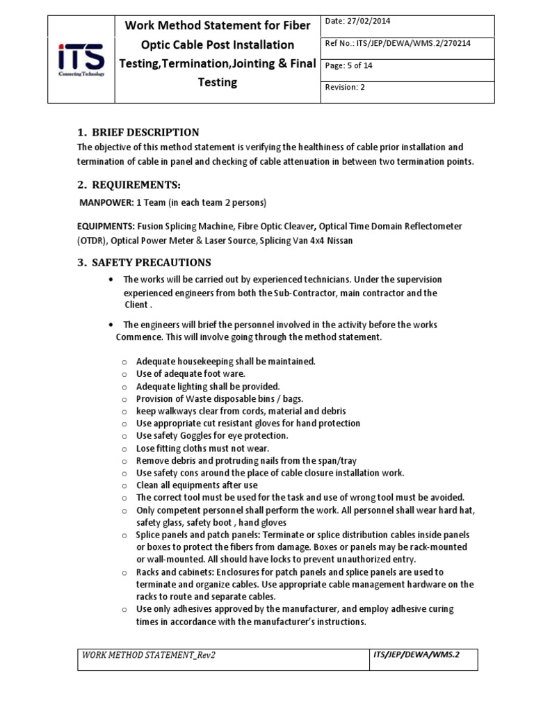 Method Statement For Cable Laying, Termination, Testing | PDF | Optical ...