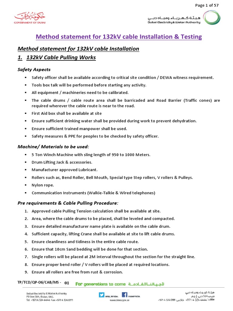 132kV Cable Pulling Method Statement | PDF | Equipment