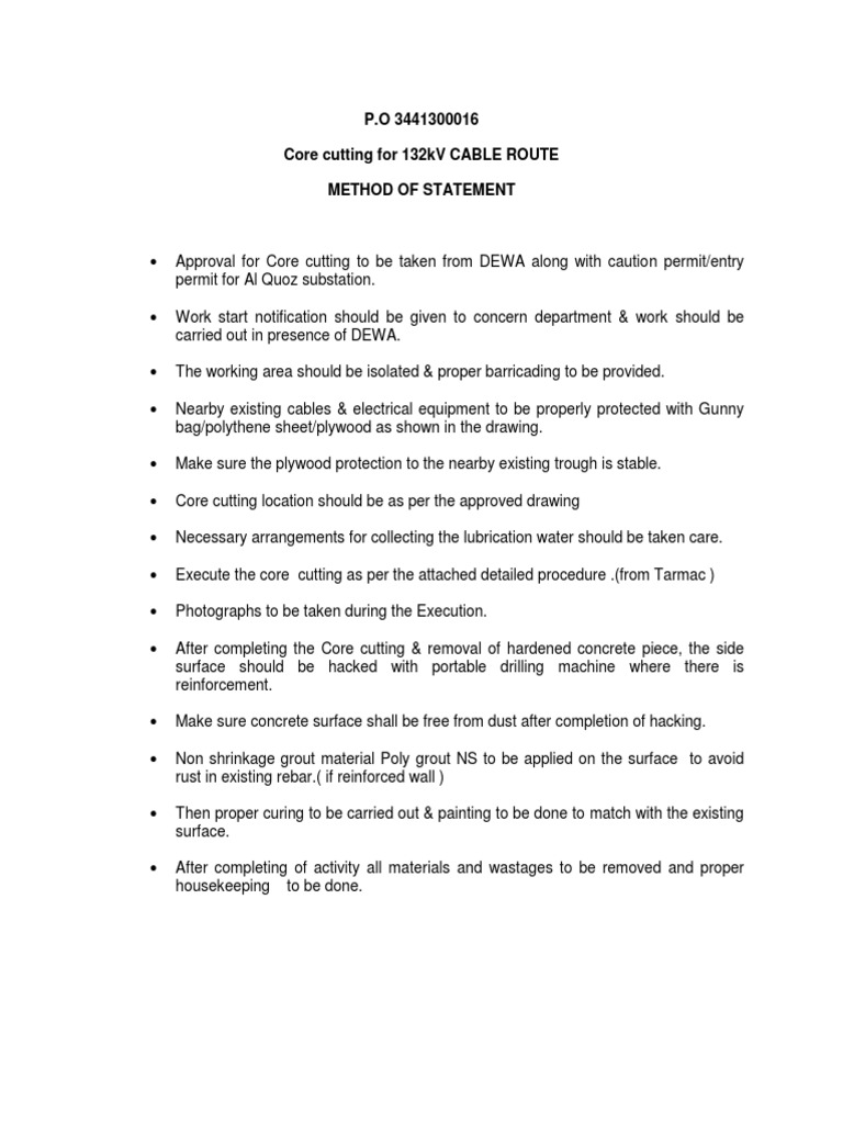 Method Statement For Core Cutting | PDF