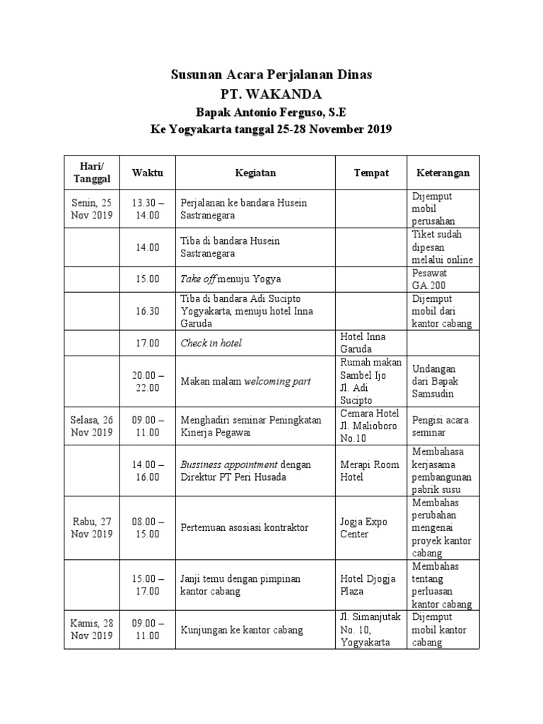 Contoh Susunan Acara Perjalanan Dinas | PDF