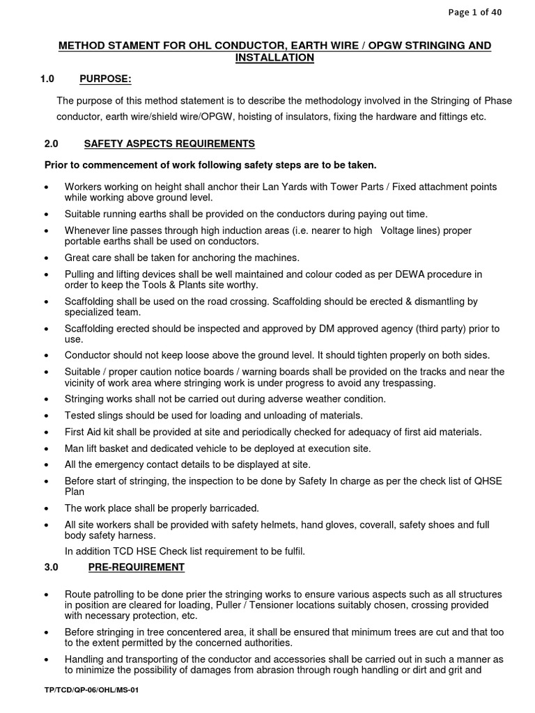 OHL Conductor Stringing Method Statement | PDF | Wire | Insulator ...