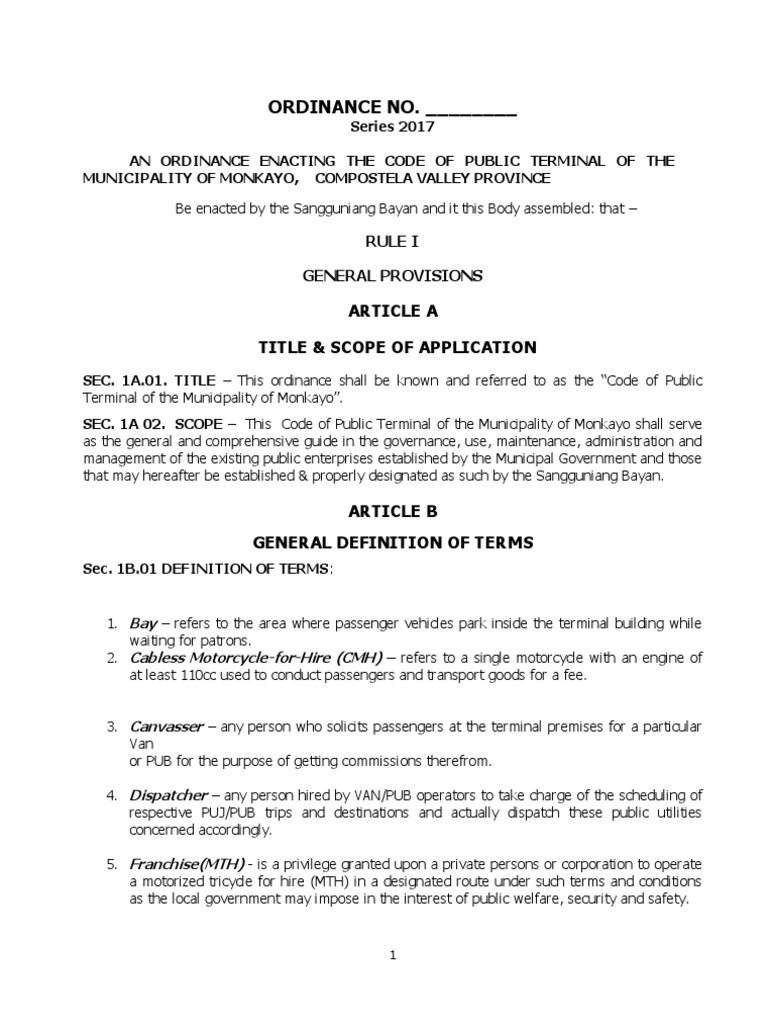 Monkayo Public Terminal Code Ordinance | PDF | Fine (Penalty) | Driver ...