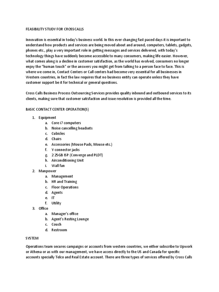 Cross Calls BPO Feasibility Study | PDF | Call Centre | Economies