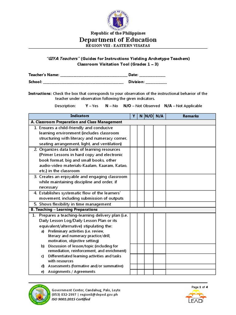 GIYA Teachers Classroom Visitation Tool G1 3 | PDF | Learning | Teaching Method