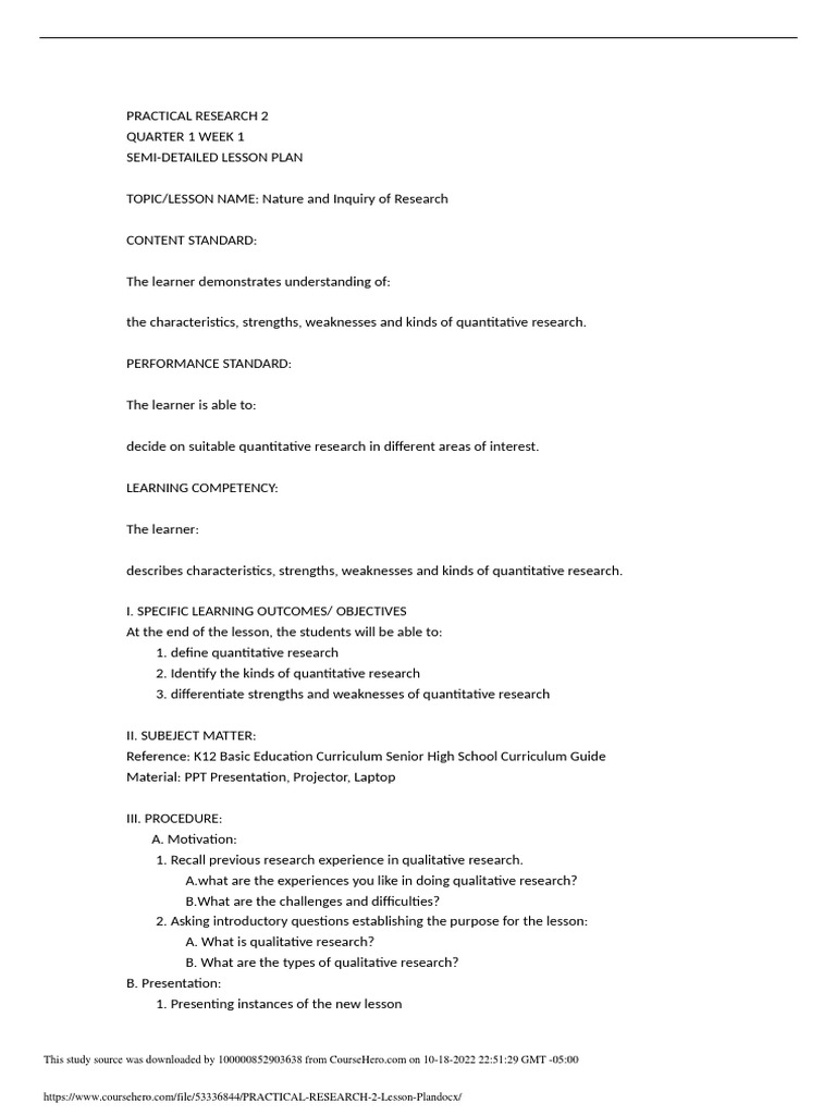 Quantitative Research Lesson Plan | PDF | Learning | Educational Assessment