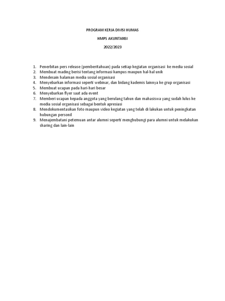 Program Kerja Divisi Humas | PDF