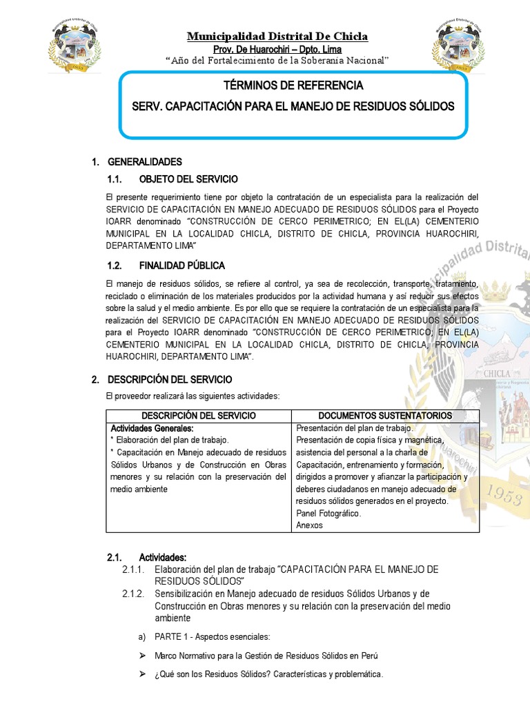 TDR Capacitación para El Manejo de Residuos Solidos | PDF | Lavado de manos | Residuos