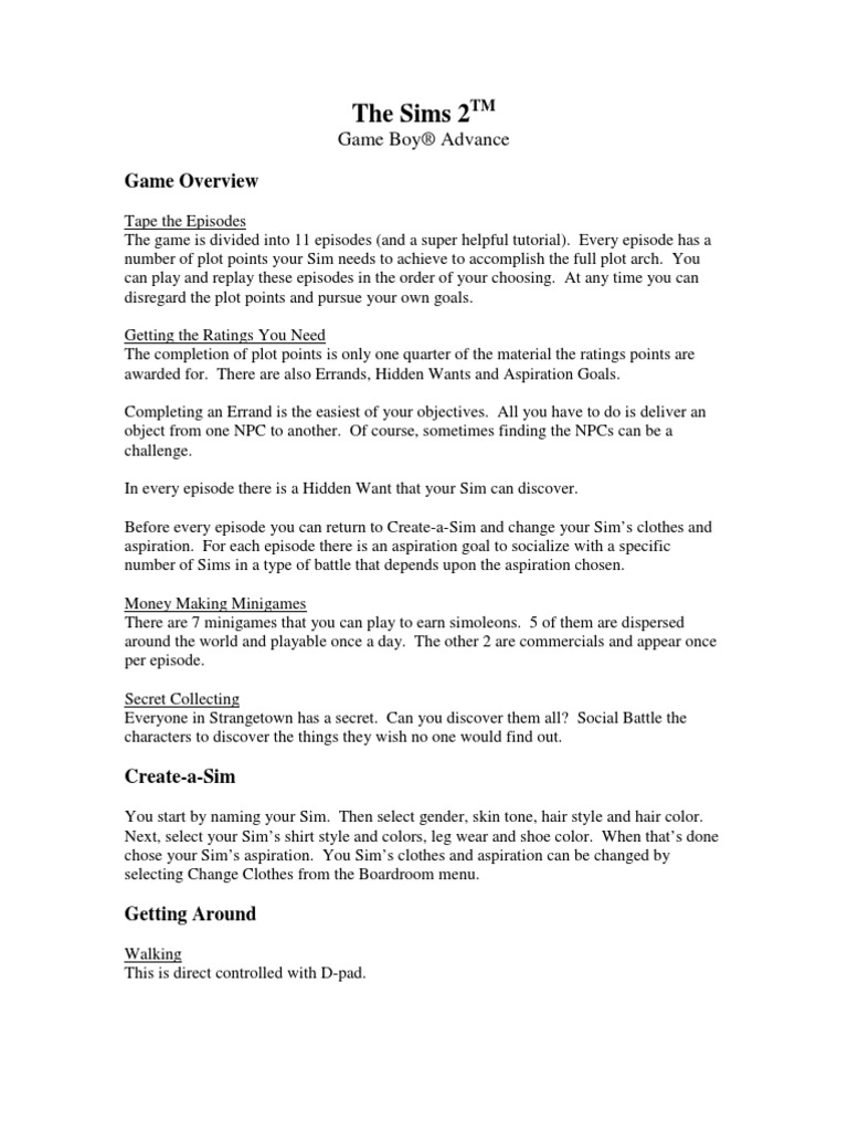 Sims 2 GBA - Walkthrough | PDF | Cattle | Leisure