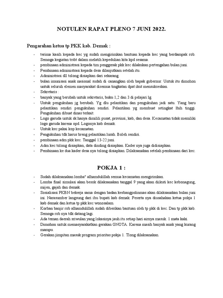 Notulen Rapat Pleno 7 Juni 2022 | PDF