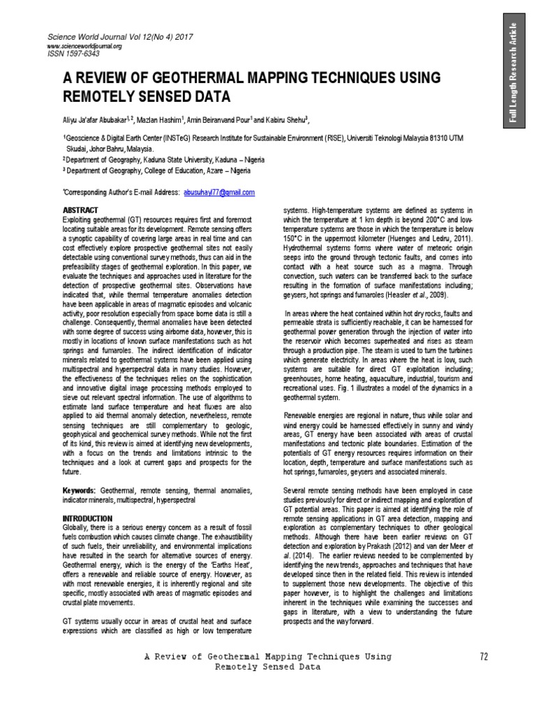 Abubakar Et Al., (2017) - A Review of Geothermal Mapping Techniques Using Remotely Sensed Data ...