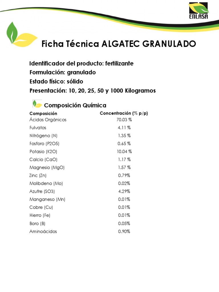 Ficha Técnica Algatec Granular, 2020 | PDF | Fertilizante | Materiales