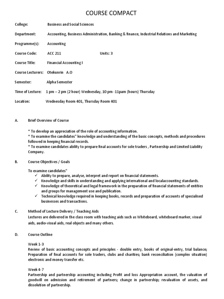 ACC 211 Course Compact | PDF | Accounting | Financial Statement