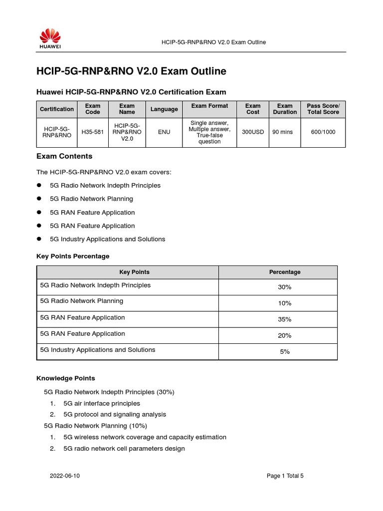HCIP-5G-RNP - RNO V2.0 Exam Outline | PDF | Computer Network | Radio