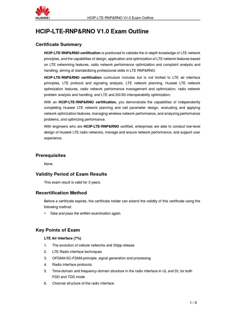 HCIP-LTE-RNP - RNO V1.0 Exam Outline | PDF | Lte (Telecommunication ...