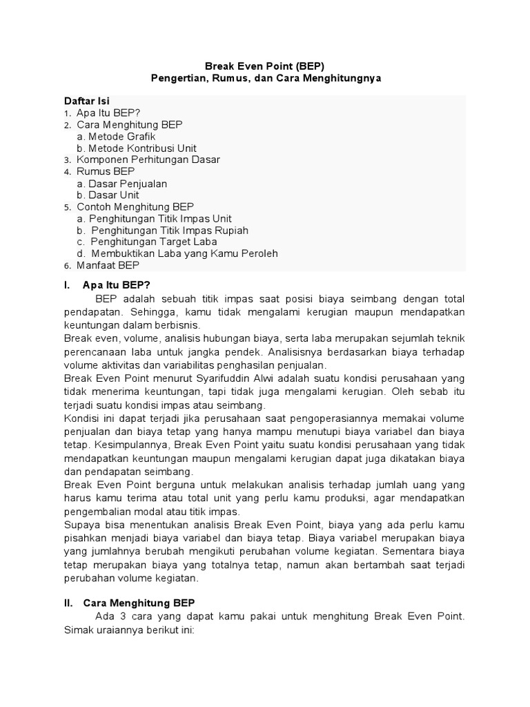 Break Even Point (Bep) | PDF | Pengelolaan Keuangan & Uang