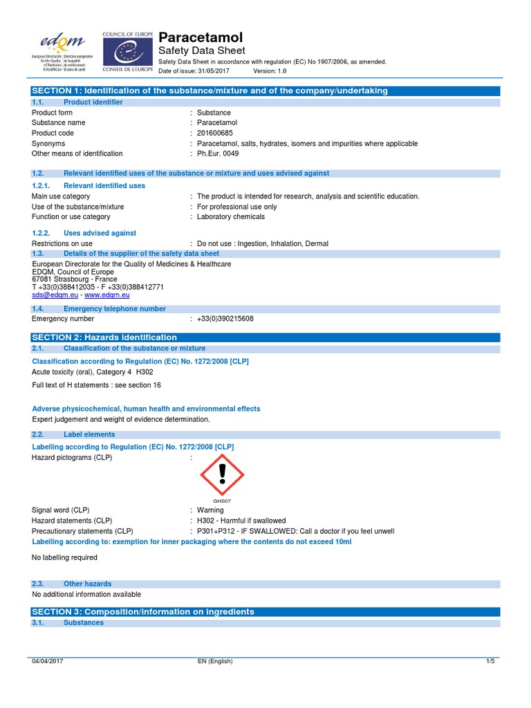 Safety Data Sheet for Paracetamol Provides Detailed Hazard Information ...