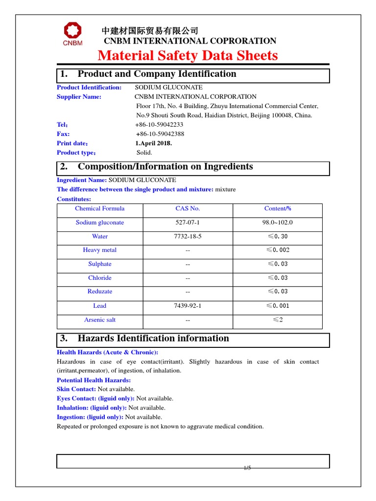 MSDS Sodium Gluconate | Download Free PDF | Toxicity | Personal Protective Equipment