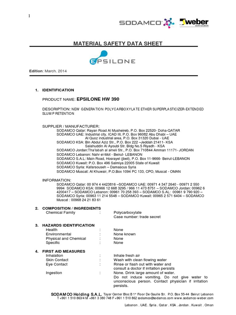 MSDS Polycarboxylate | PDF | Water | Toxicity
