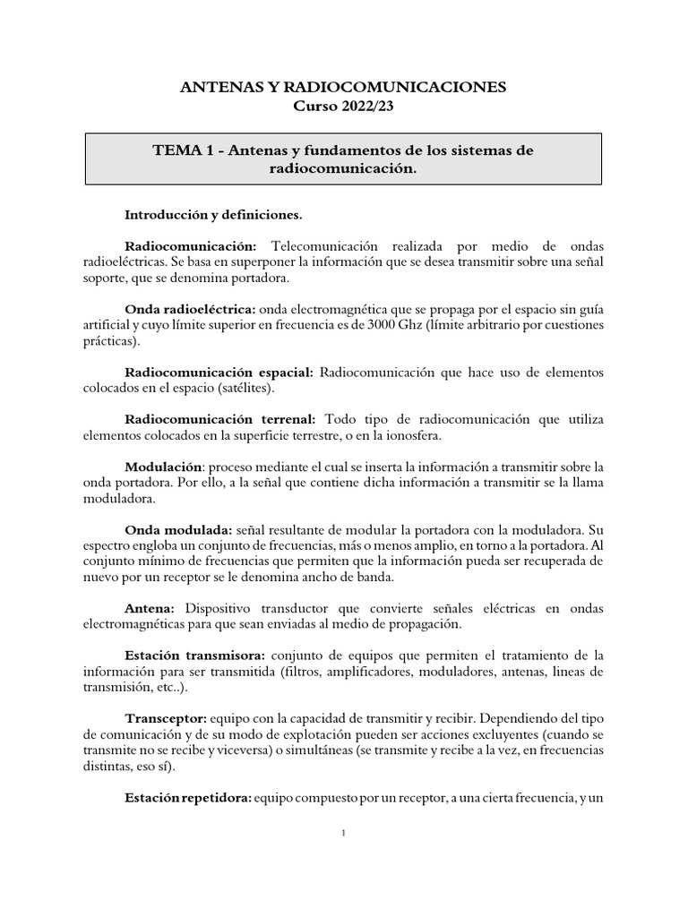TEMA 1. Antenas y Fundamentos de Radiocomunicaciones | PDF | Antena (Radio) | Radio
