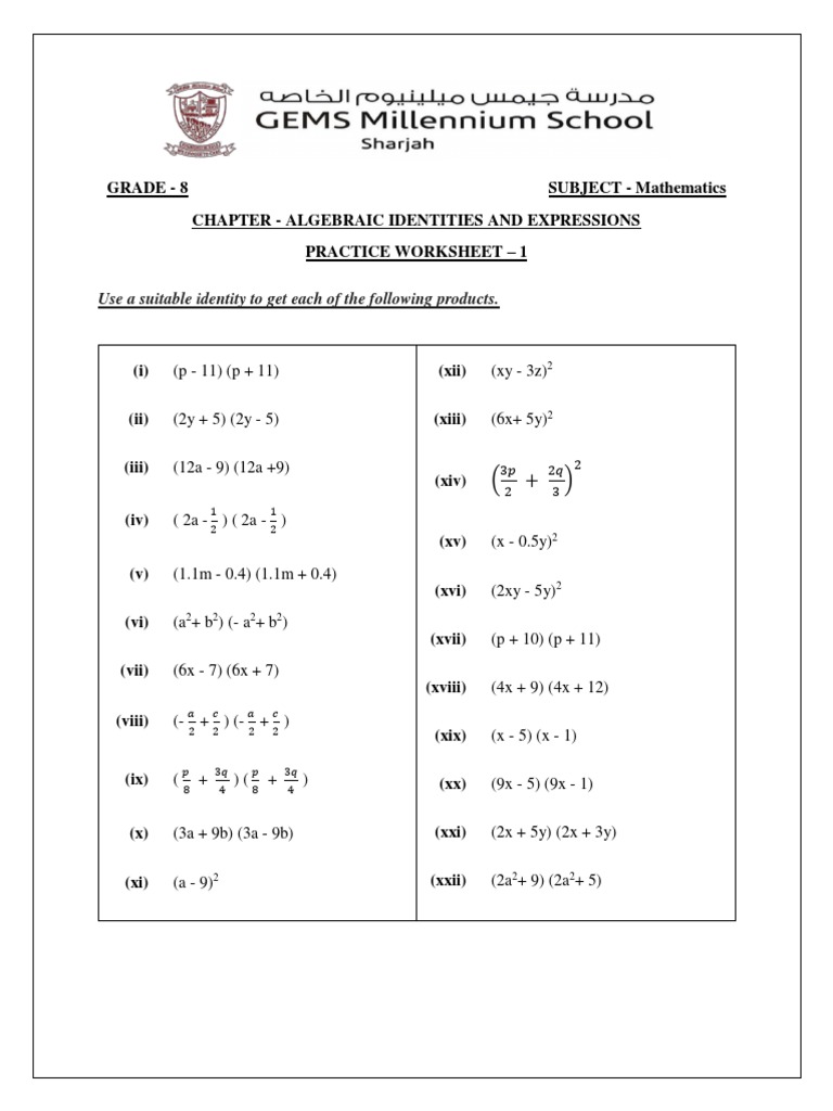 Practice Worksheet-Algebraic Expressions | PDF | Teaching Methods ...