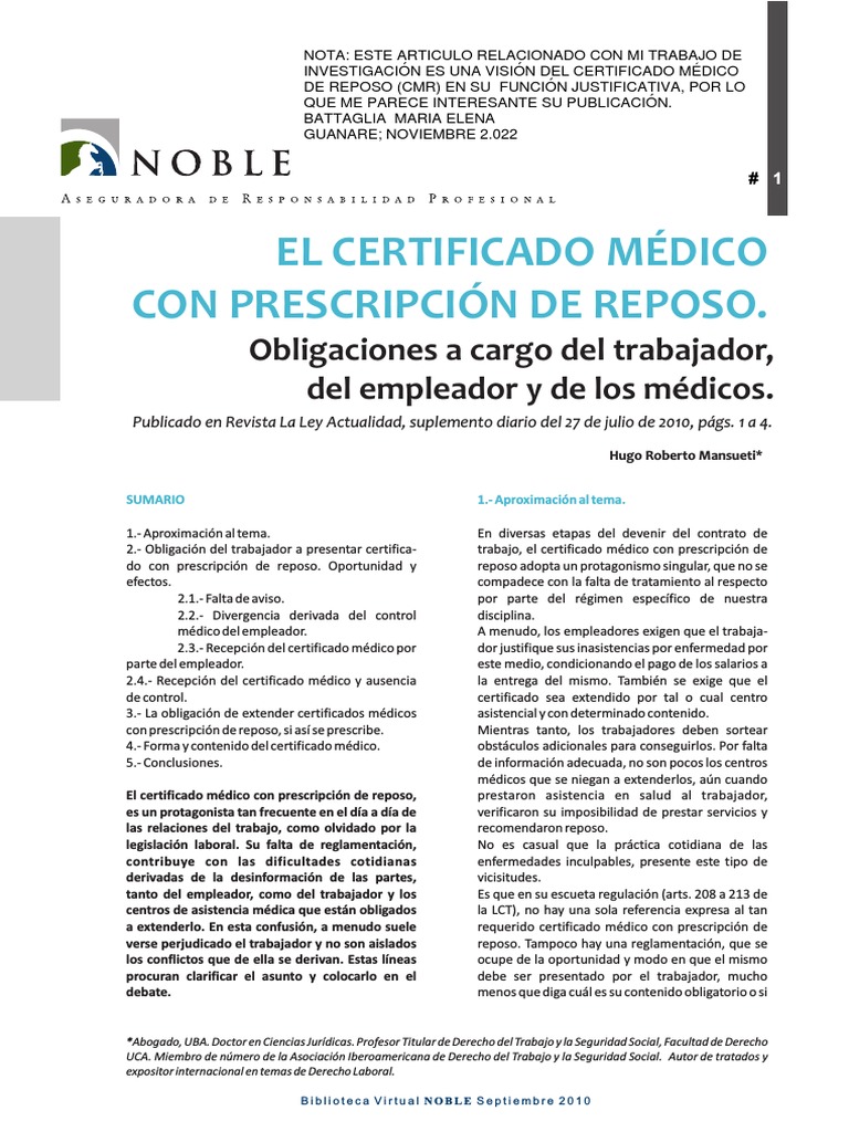 El Certificado Médico Con Prescipción de Reposo. | PDF | Historial médico | Derecho laboral