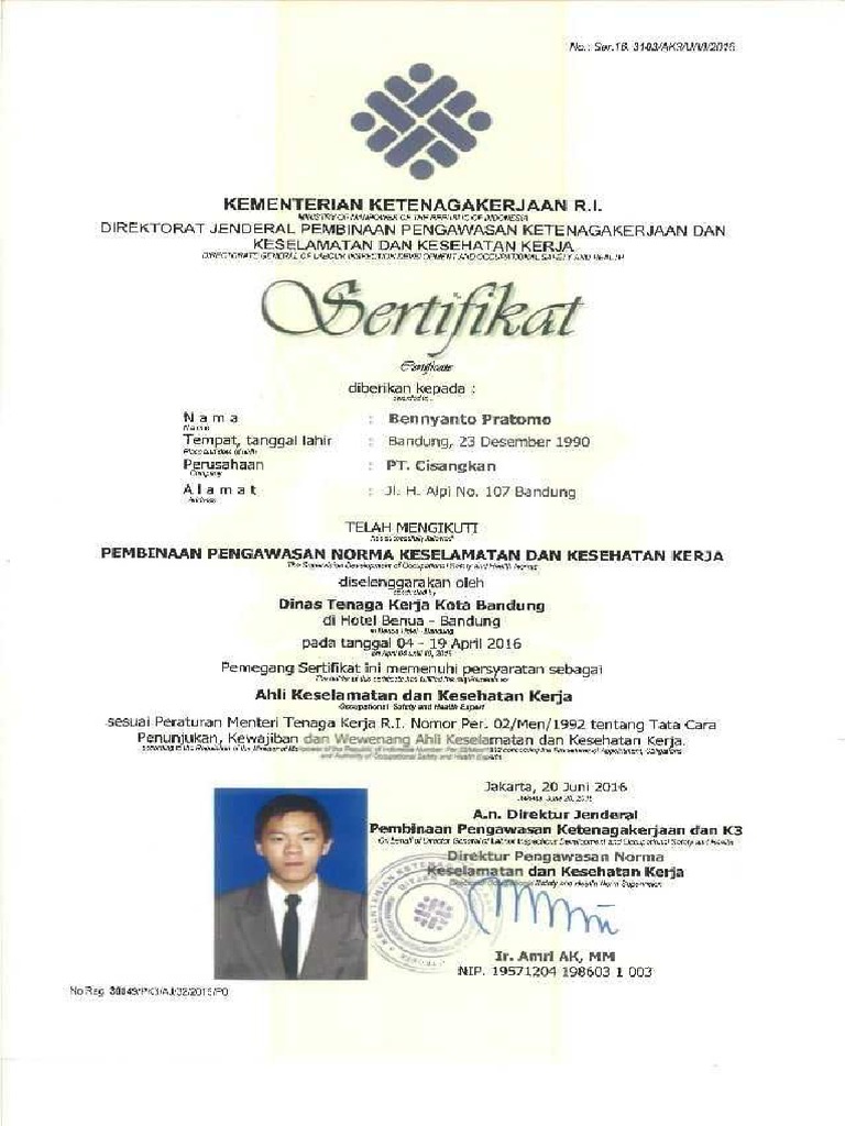 Data - 42 - Contoh Sertifikat k3 Umum Kemnaker 0 | PDF