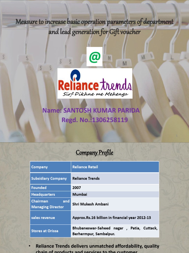 Reliance Trends Sip Presentation Santosh | PDF | Retail | Merchandising