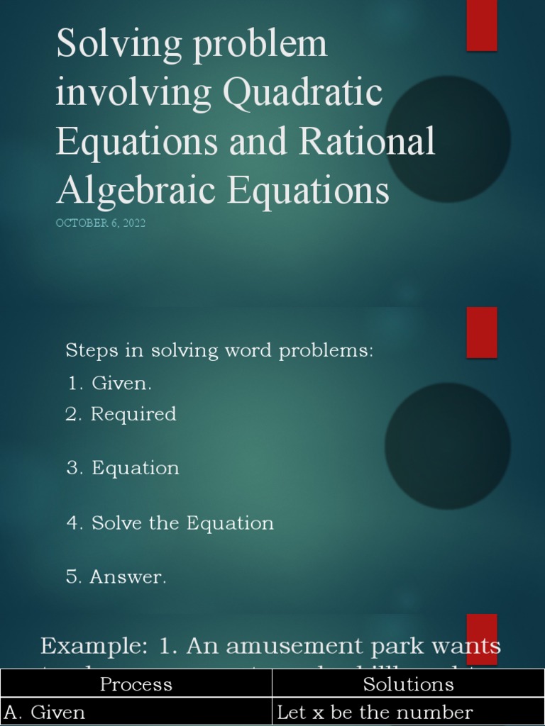 Problem Solving Involving Quadratic Equations and Rational Algebraic Equation (Geometric ...