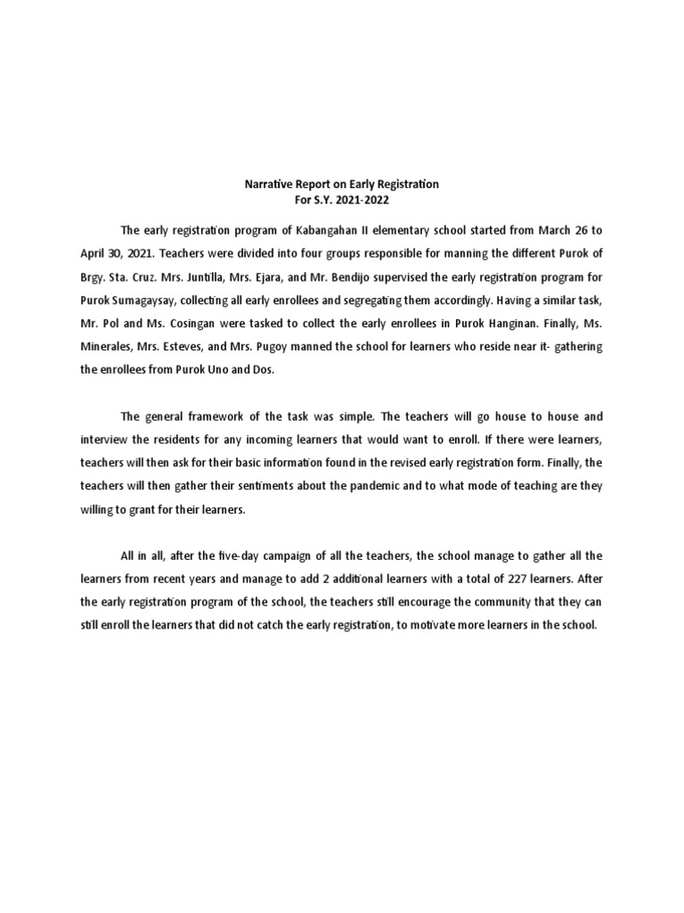 Narrative Report On Early Registration | PDF